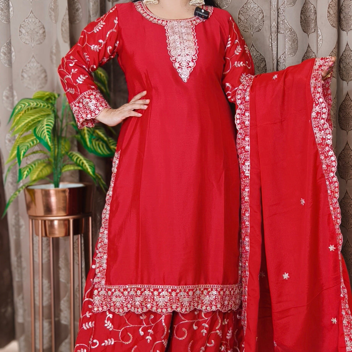 REDISH MAROON PREMIUM SHARARA SUIT WITH ZARI AND SEQUENCE WORK AND FUL ...